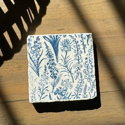 Blue and White Botanical Marble Coasters/ Botanical Coasters/ Botanical ...