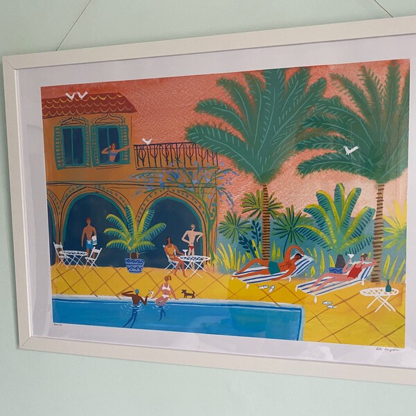 Poolside Art Print, Tropical Holiday Swimming Pool Illustration ...