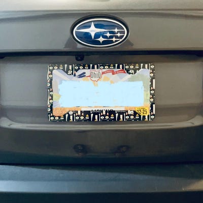 Blue Boho Floral Car Metal License Plate Frame, Groovy Hippie Flower ...