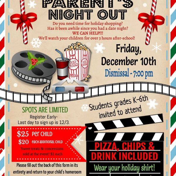 Editable Christmas Movie Night Flyer: School PTA PTO Event (digital ...