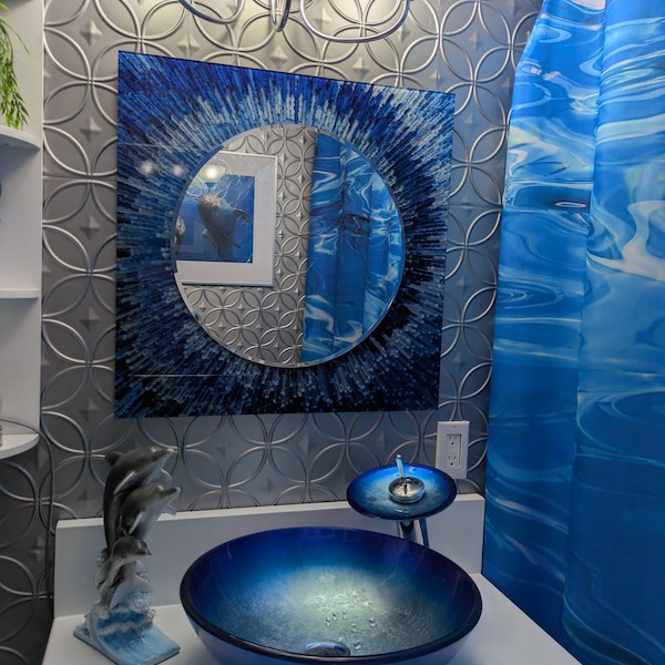 Blue Floral Glass Wall Art, Elegant Gold Flower Glass Panel, Large ...