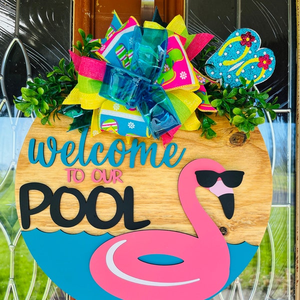 Welcome to Our Pool Flamingo Float, Digital Download, Round Door Hanger ...