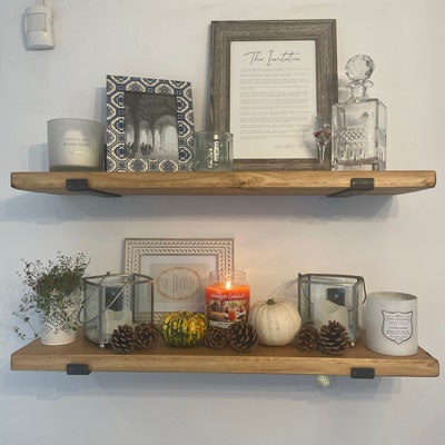 Rustic Style Solid Wood Shelf With Raw Steel Brackets Handcrafted 22cm ...