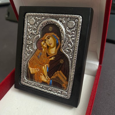 Triptych Christian Icon of Virgin Mary gorgoipikoos and Archangels With Aging Technique ...