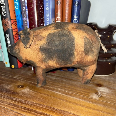 Gray and Black Spotted Pig Bowl Filler With Feed Sack Tag, Pig Decor ...