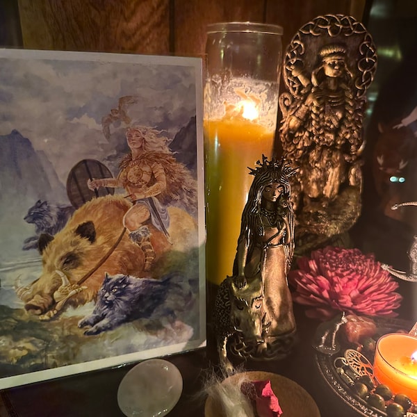 Freyja Large Print | Norse Goddess and Boar Hildisvíni Cats | Freya Art ...
