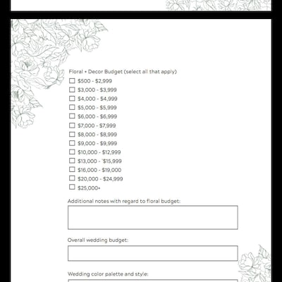 Wedding Florist Inquiry Questionnaire PDF INSTANT DOWNLOAD - Etsy