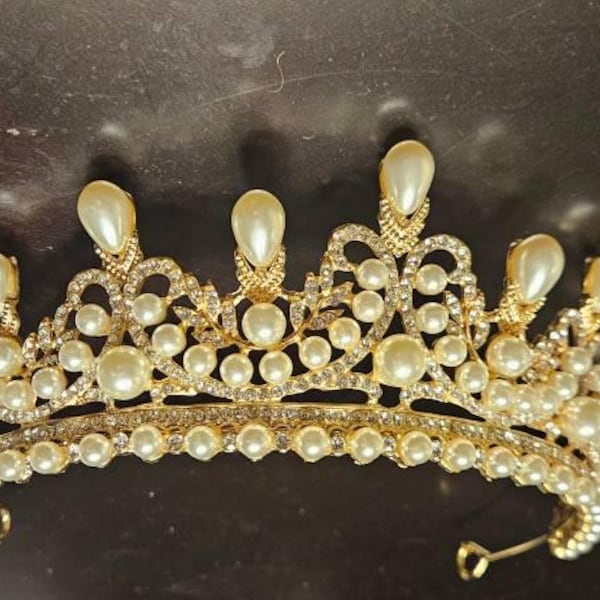 Elegant Gold Pearl Bridal Tiara | Crystal and Pearl Wedding Crown ...