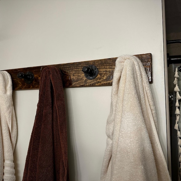 Custom Rustic Wood Towel Robe Coat Rack Bar, Industrial Pipe Hooks ...
