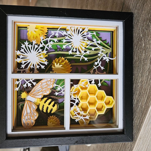 3D Bee Shadow Box SVG Layered Dandelions SVG, Spring Shadow Box, Honey ...