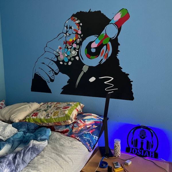 Banksy Monkey With Headphones Wall Sticker - Large Bansky Thinking Dj ...