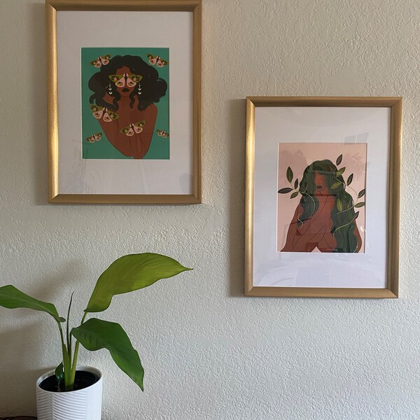 Botanical Woman Art Print: Green Hair Feminine Illustration, Nature ...
