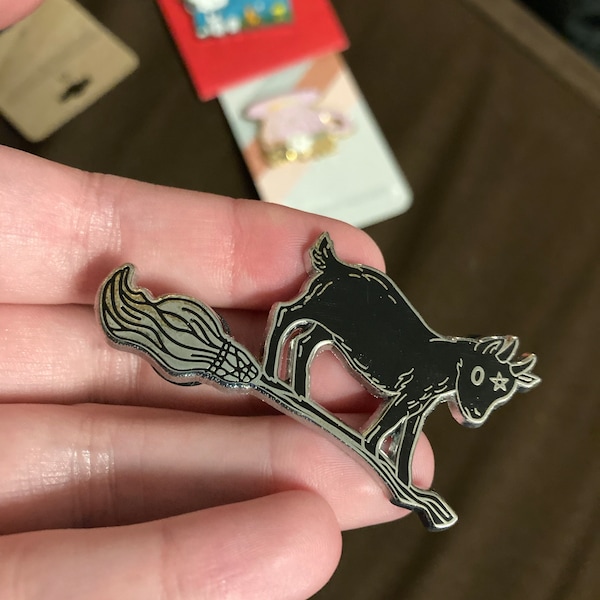 Baby Goat Learning to Ride a Broom Enamel Pin | Silver Plated Push Pin ...