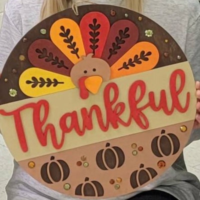 Thankful Turkey Pumpkin Sign, Digital Download, Round Door Hanger Svg ...