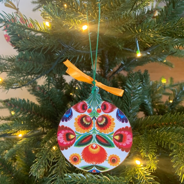 Wooden Christmas on July Tree Bauble, Polish Folk Wooden Decor, Red ...