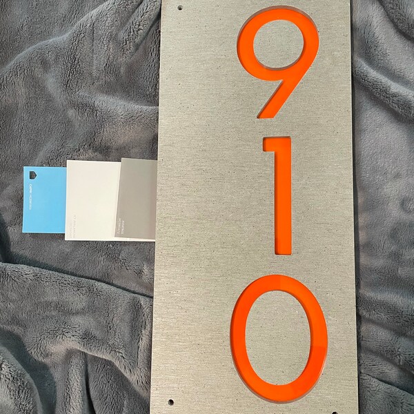 Modern House Numbers - Concrete With Orange Yellow Acrylic - Vertical ...