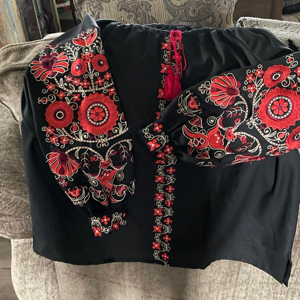 Royal Blue Embroidered Blouse Geometric Pattern Blouse Boho Style Puff ...