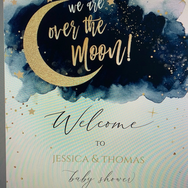 Over the Moon Baby Shower Welcome Sign, Blue Twinkle Little Star Theme ...