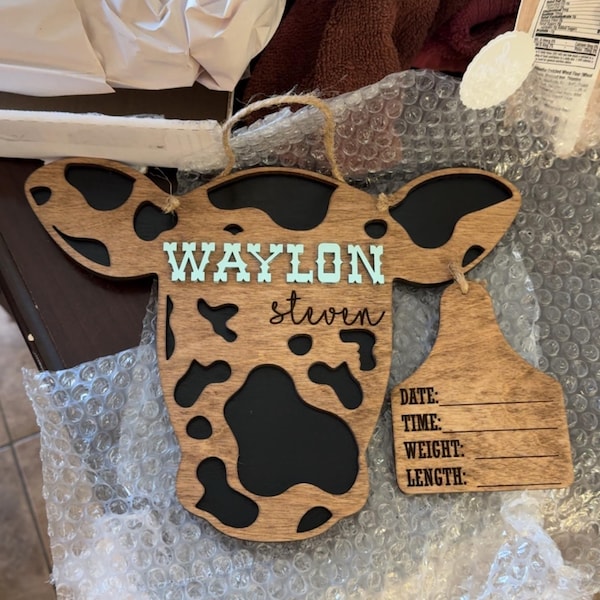 Baby Boy Highland Cow Birth Stats Sign / Boy Nursery Door Hanger ...