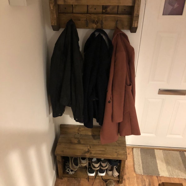 Matching Farmhouse Coat Rack and Shoe Boot Rack Bench Solid Chunky Wood ...