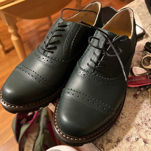 Green Leather Women Oxfords Brogue Tie Shoes, Women Green Brogues - Etsy