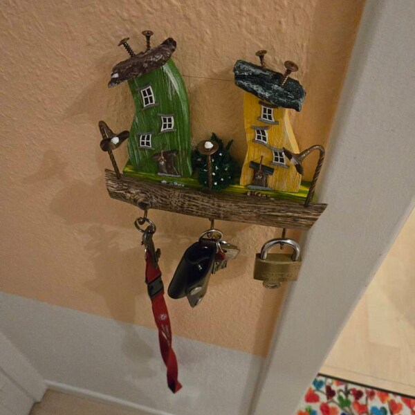 Wooden Key Holder for Wall With Cute Fairy Houses,7 Hooks,,key ...