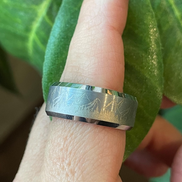 LIGHT Engraved Mens Mountain Wedding Band, Mountain Engagement Ring ...