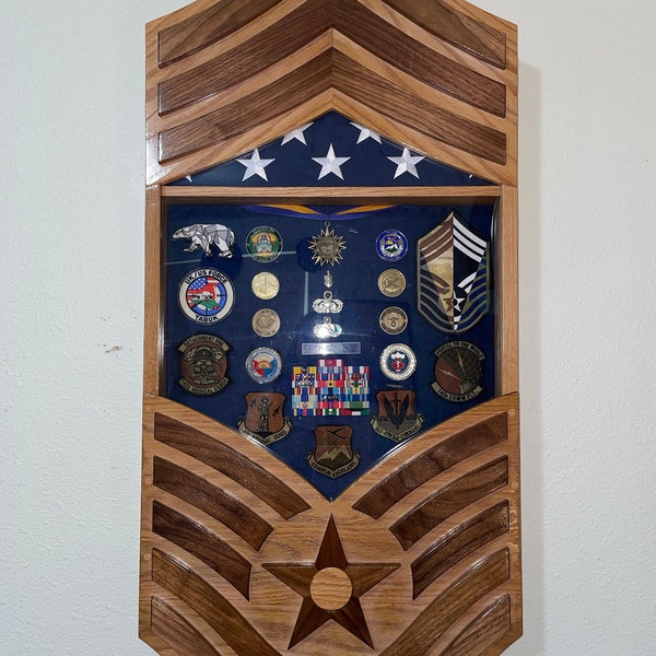 Handcrafted Air Force Shadow Box With Msgt Rank Chevron Silver & Navy ...