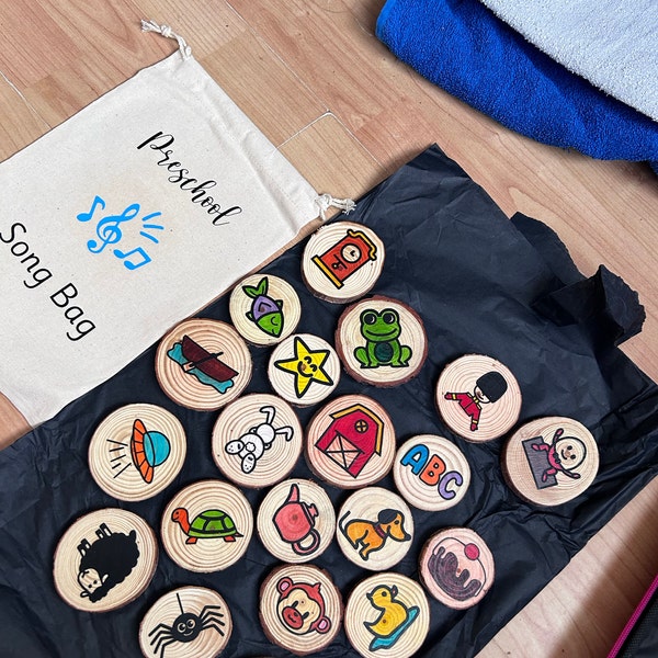 Nursery Rhyme Song Bag - Handmade Wooden Log Slices - Etsy UK