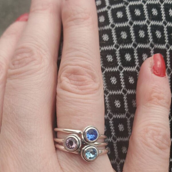 Set of 3 Stacking Family Birthstone Rings • Sterling Silver Gemstone ...