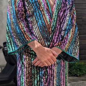 Blue Sequin Robe Burningman Men Women Stripe Cape Rave Kimono - Etsy