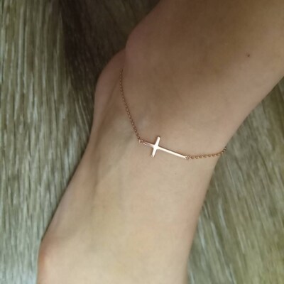 Sideways Cross Anklet in Sterling Silver, Yellow or Rose Gold Beach Anklet Horizontal Cross ...