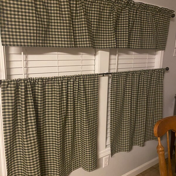 Forest Green Plaid Homespun Valance Tiers Runners Farmhouse Curtains