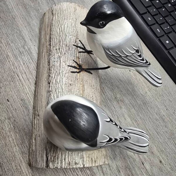 Chickadee Pair on Log- Hand Carved Wooden Bird - 7"l - Etsy