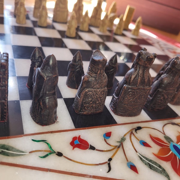 Marble White 18" Chess Coffee Table Top Carnelian Lapis Gemstones ...