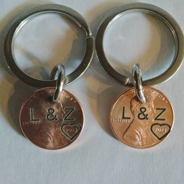 2 Personalized Keychain - Couples Hand Engraved Penny - Engraved ...
