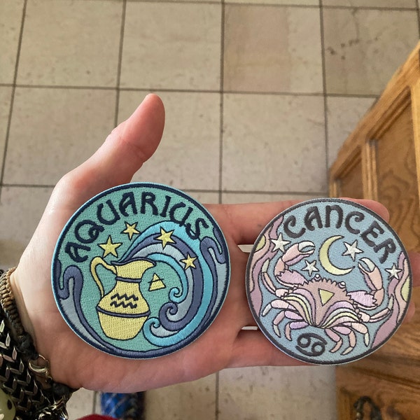 Zodiac Iron on Patch - 70s Art Nouveau Boho Embroidered Patches - Aries Taurus Gemini Cancer Leo ...