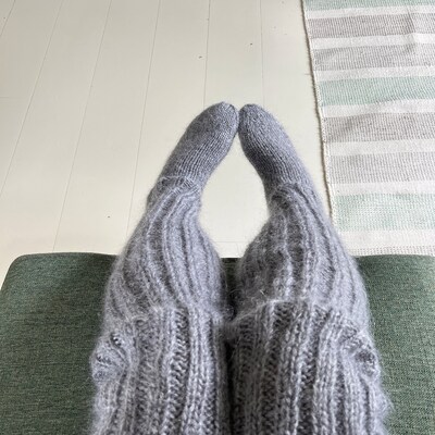 FUZZY MOHAIR Hand Knitted Denim Melange Gaiters LEGWARMERS Legging ...