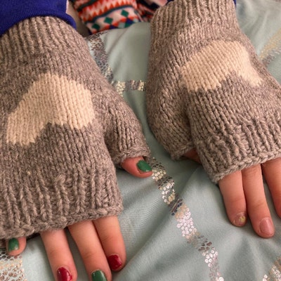 Hand Knit Cream Long Fingerless Gloves Wool Texting Mittens Fleece ...