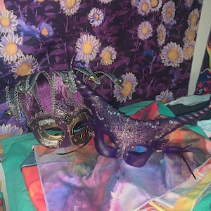 Purple Gold Masquerade Mask, Jolly Jester Mask, Women Horns Mask, Men ...
