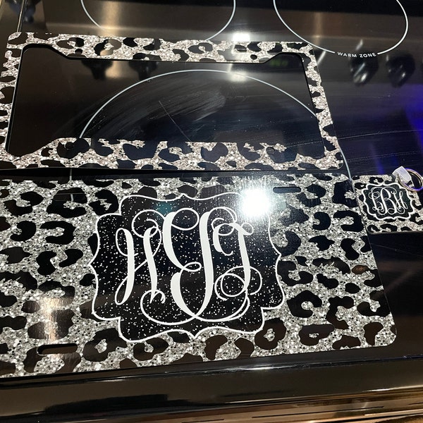 Faux Black Glitter With Gray Leopard License Plate, Leopard Plate Frame ...