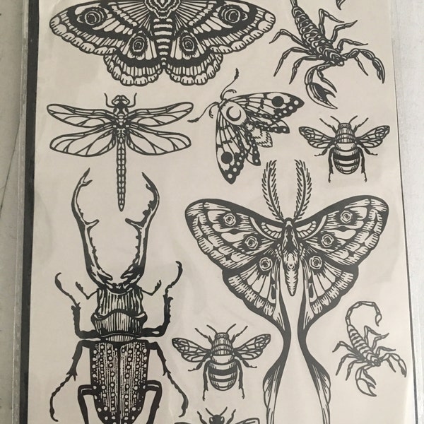 Temporary Tattoos- 1 Sheet - Moth Beetle Scorpion Bee Dragonfly Insect ...