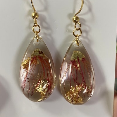 Hydrangea and Gold Leaf Irregular Circle Resin Earrings, Pressed Real ...