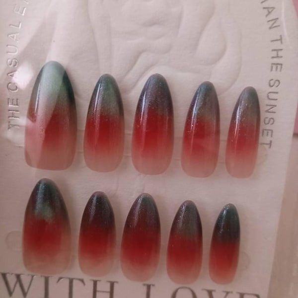 Glittery Red Blush Mint Green Cat Eye French Style Reusable Nails ...
