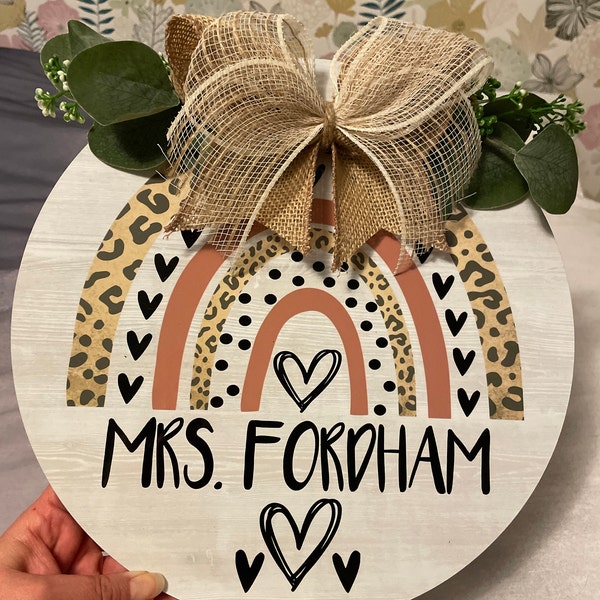 Personalized Teacher Sign Boho Classroom Rainbow Cheetah Door Sign ...