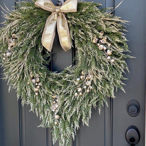 Evergreen Cascading Wreath With Burlap Bow | Year-round Porch Decor - Etsy