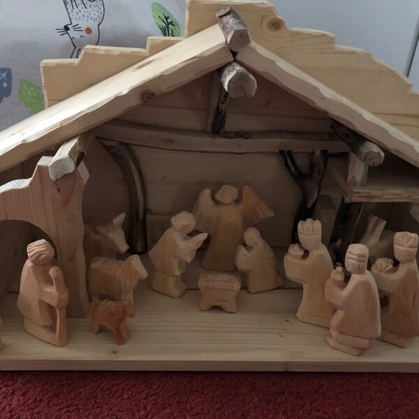 Carved Nativity Figurines, Wooden Crib, Nativity Set, Christmas Creche ...