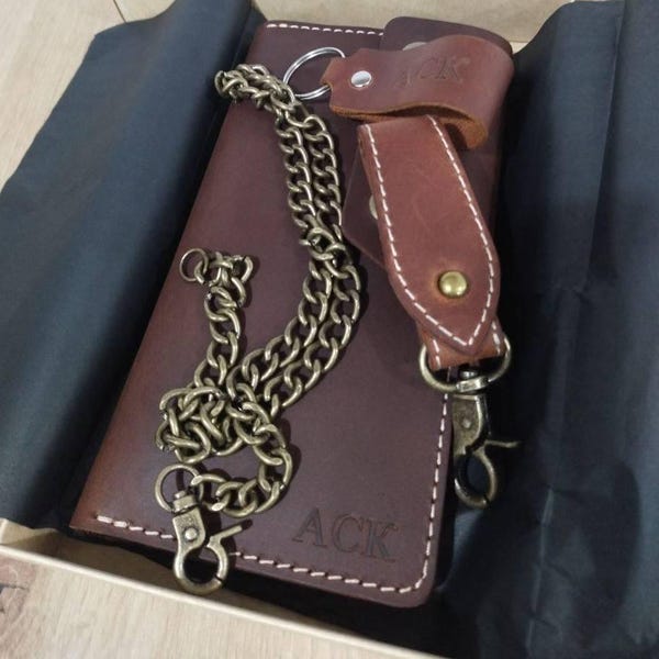 Men's Personalized Leather Long Biker Wallet With Chain, Chain Wallet ...