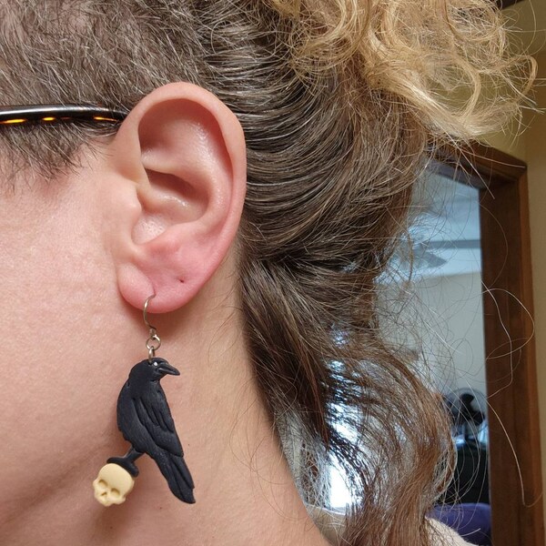 Raven on Skull Dangle Earrings, Stainless Steel Nickle Free Metal ...
