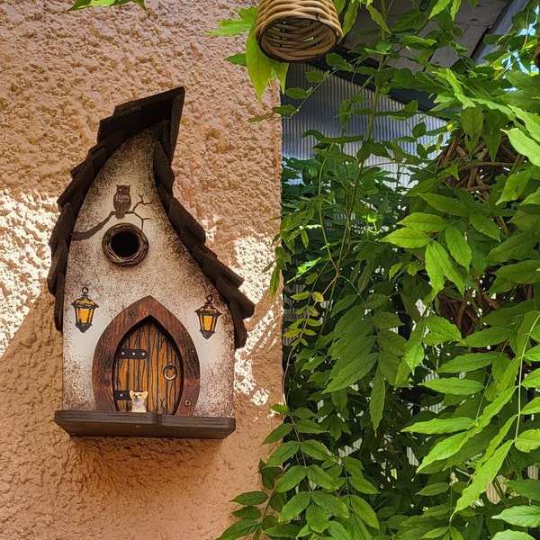Whimsical Bird House Featuring a Fox, Owl, Lantern and Fairy Door. This ...